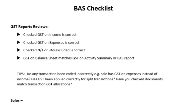 BAS Reporting Checklist - Bookkeepers Support